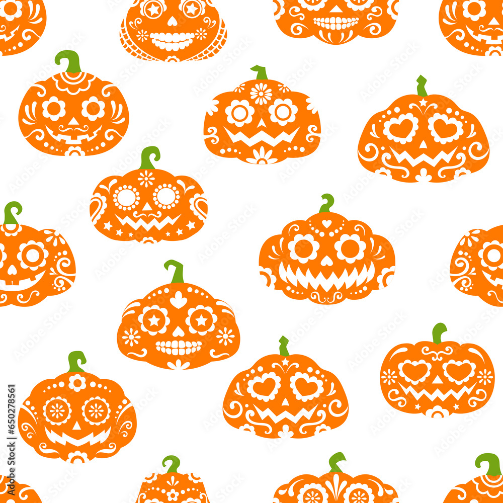 Halloween party mexican pumpkin spooky characters seamless pattern ...