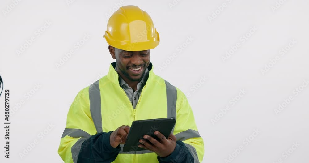 Happiness, man and construction worker with tablet in studio for ...