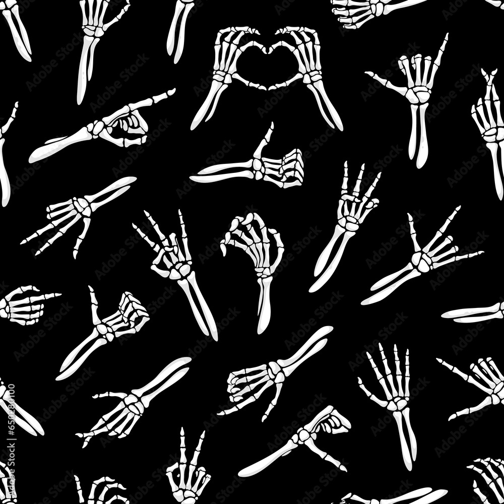 Skeleton hand gesture seamless pattern with bones, cartoon vector ...