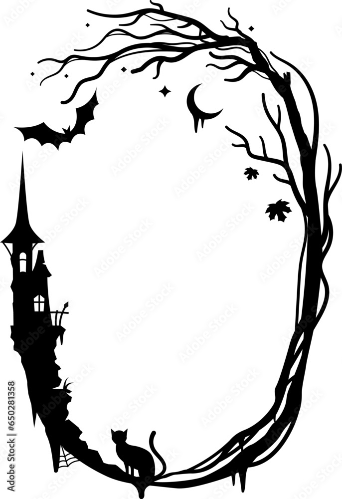 Halloween black frame with haunted castle, bats, cat and moon, vector ...