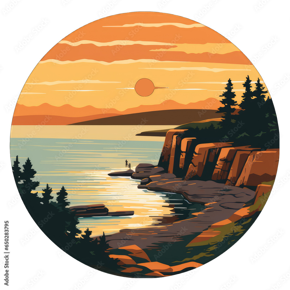 Acadia National Park circular badge style illustration. Flat artwork ...