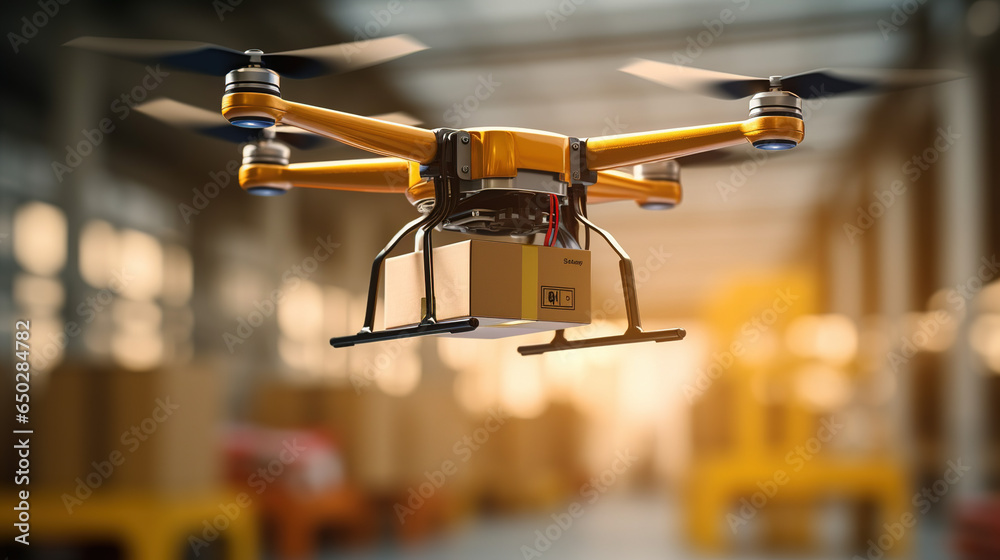 Drones flying in a warehouse. Unmanned systems, delivery services ...