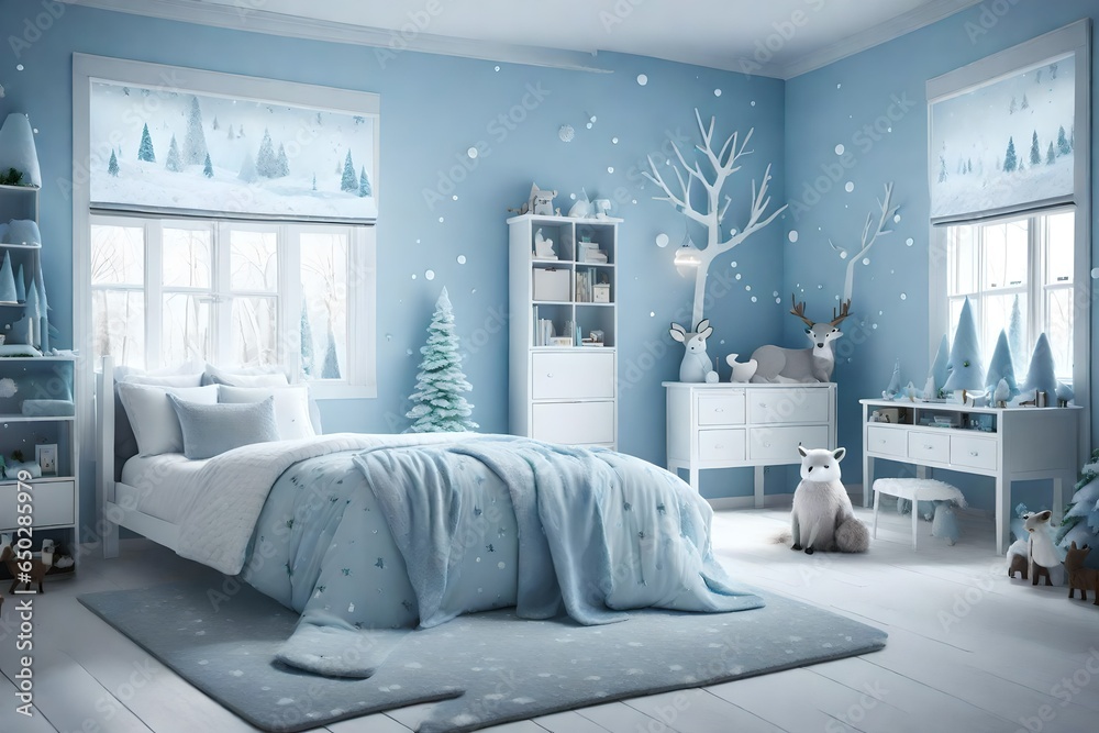 a winter wonderland kids' room with a woodland creatures and snowy ...
