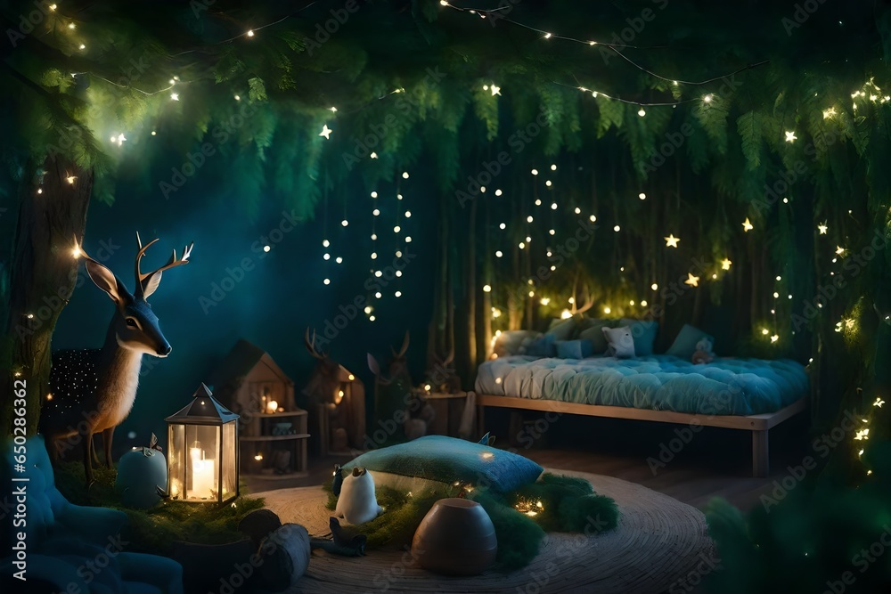 a magical and enchanted forest-inspired kids' room with woodland ...