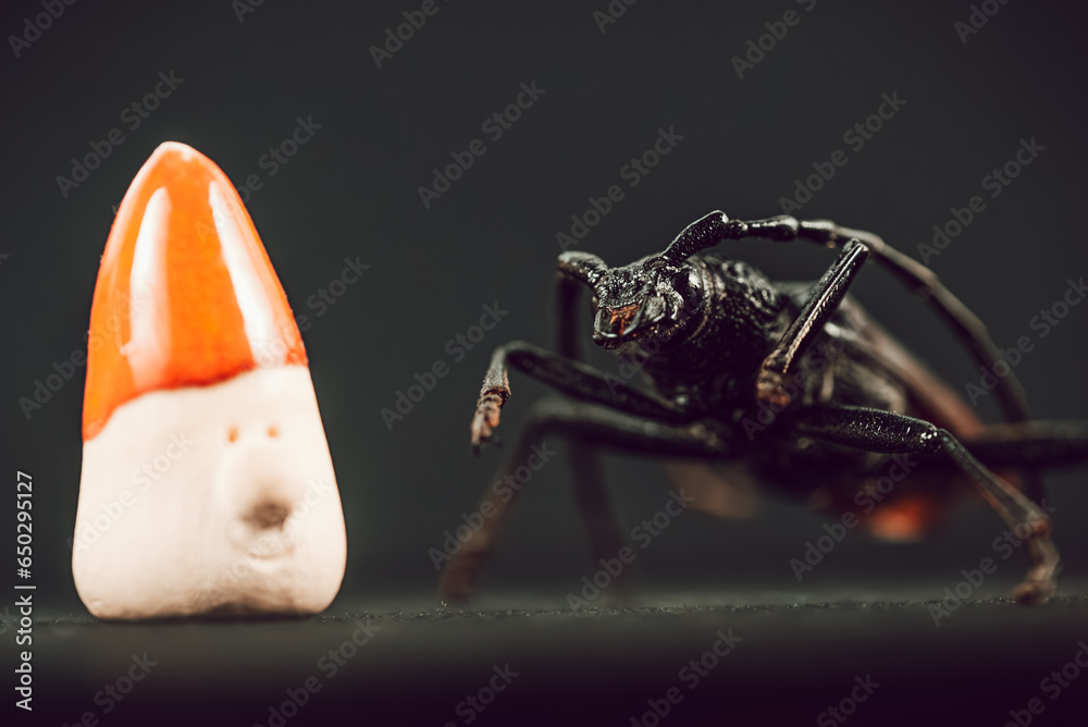 Great Capricorn Beetle (Cerambyx cerdo) specimen with a little dwarf ...