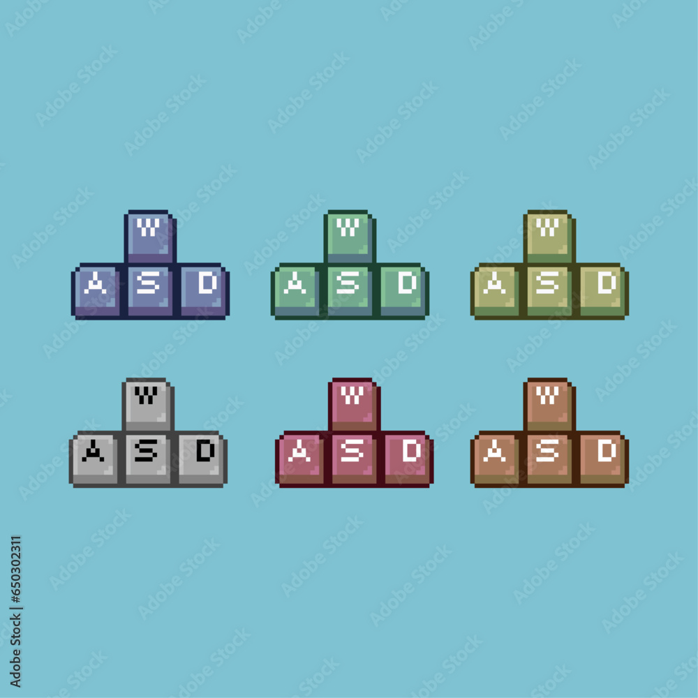 Pixel art sets of wasd keyboard with variation color item asset. simple ...