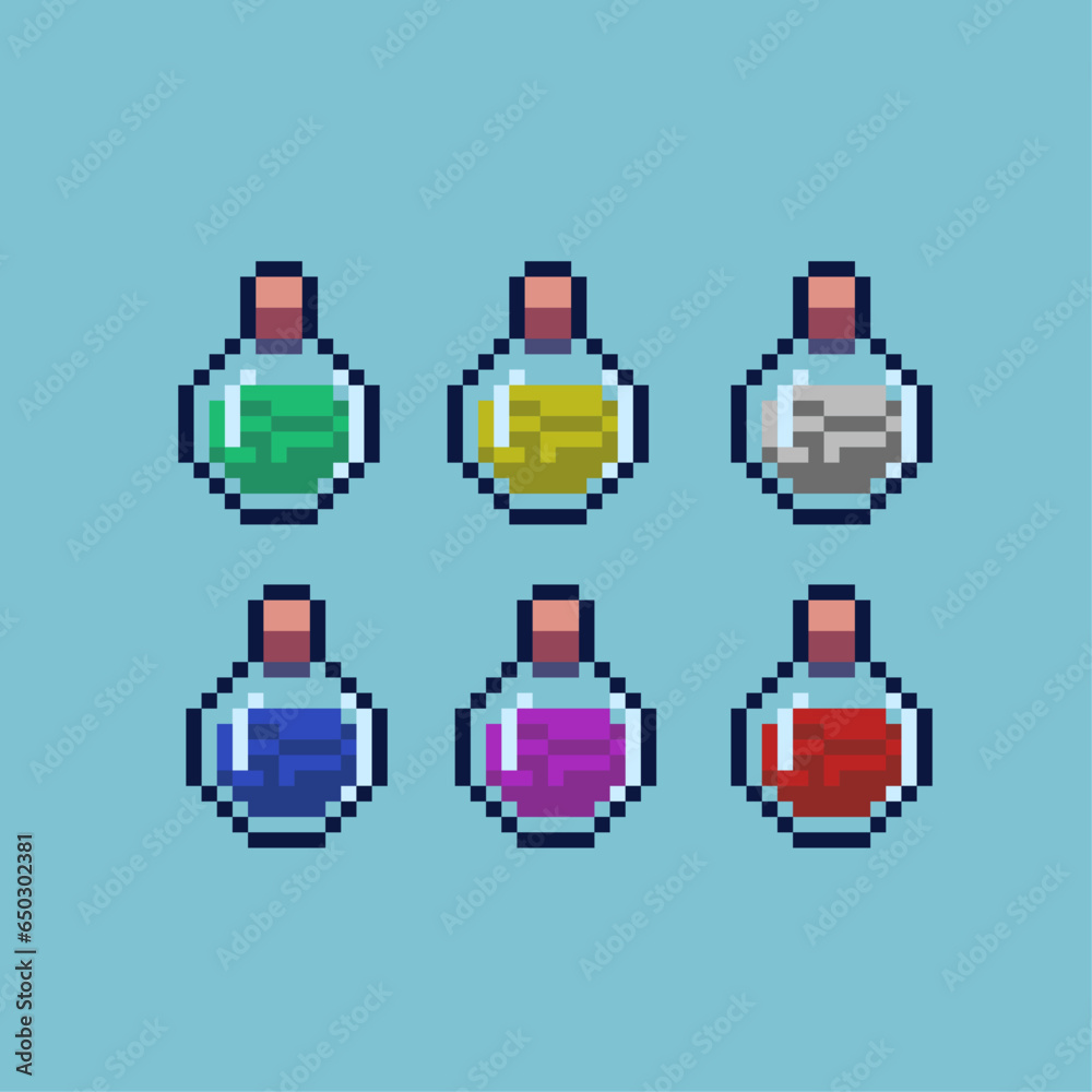 Pixel art sets of potion bottle health with variation color item asset ...