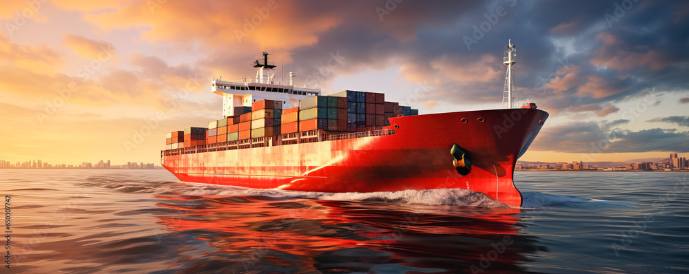 Commercial shipping vessel navigating the open sea isolated on a ...