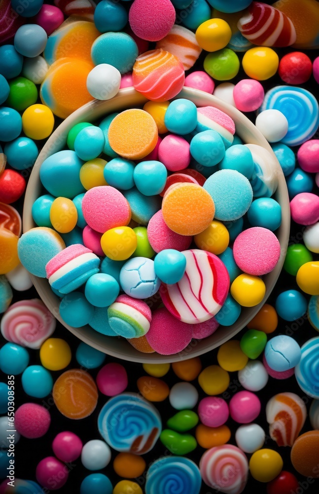 Overhead View of Colourful Candy Bowl. A bowl brimming with a mix of ...