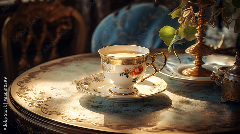 Tea table with porcelain cup, saucer, and vintage teaspoon, surrounded ...
