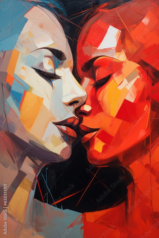 Fragmented faces of two young women in love, their features meeting at ...