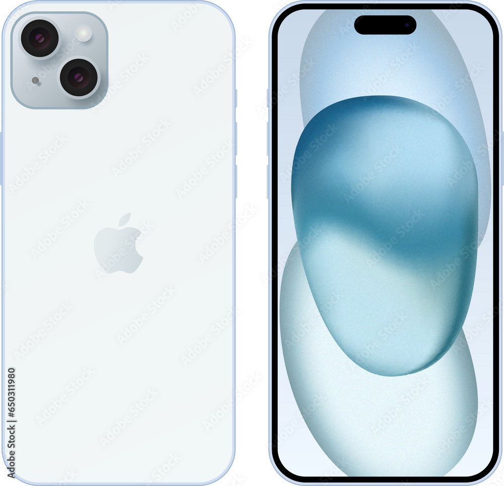 Apple iPhone 15 Plus Blue. Mockup front screen phone and back side ...