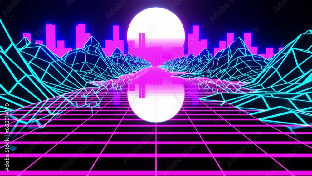 Seamless loop retro 1980s animation flying through the rocks to the sun ...