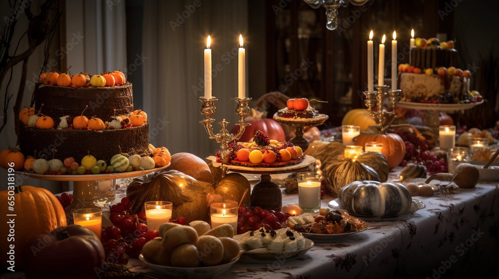 Halloween feast table, lit by candles, cobwebs covering the chandeliers ...