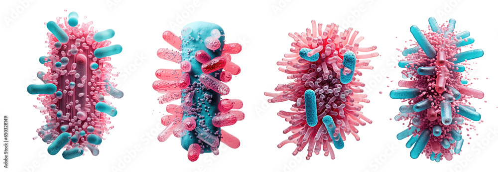 collection of various close up of 3d microscopic blue and pink bacteria ...
