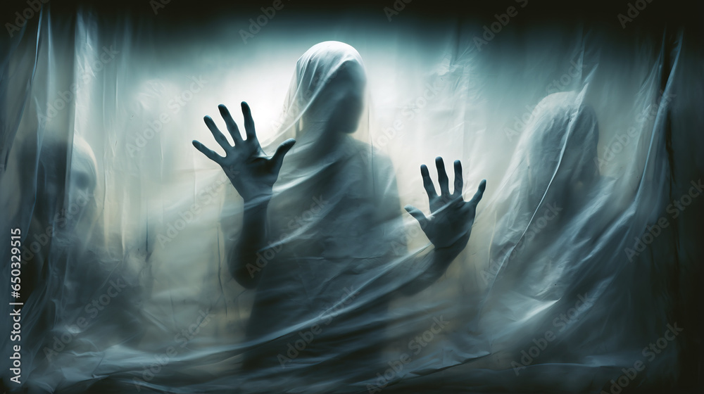 Horror, Scary Creepy Ghost Figures Behind Opaque Plastic Sheet Trying ...