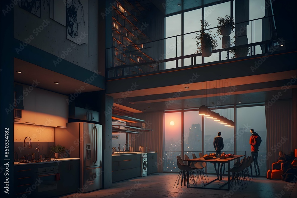 smart apartment with a couple of people Hypermodernism cinematic lights ...
