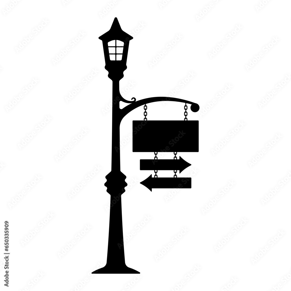 Lamp post with signboard icon. Signpost. Black silhouette. Front side ...