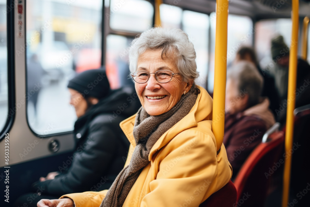 Smiling mature senior woman riding the bus in Vienna Stock Photo ...