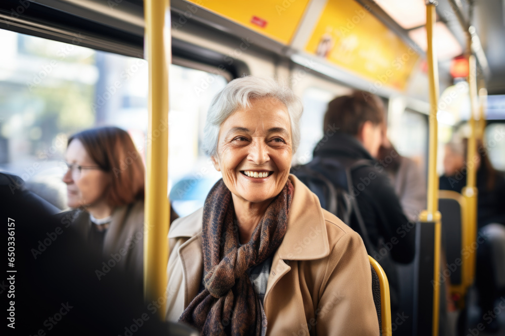 Smiling mature senior woman riding the bus in Vienna Stock Photo ...