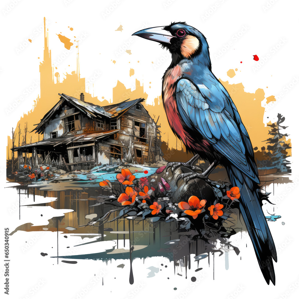 A toucan flower t-shirt design in a post-apocalyptic world, the toucan ...