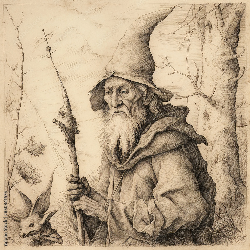 spirit goblin wizard sorcerer of a fairy forest, old man with a big ...