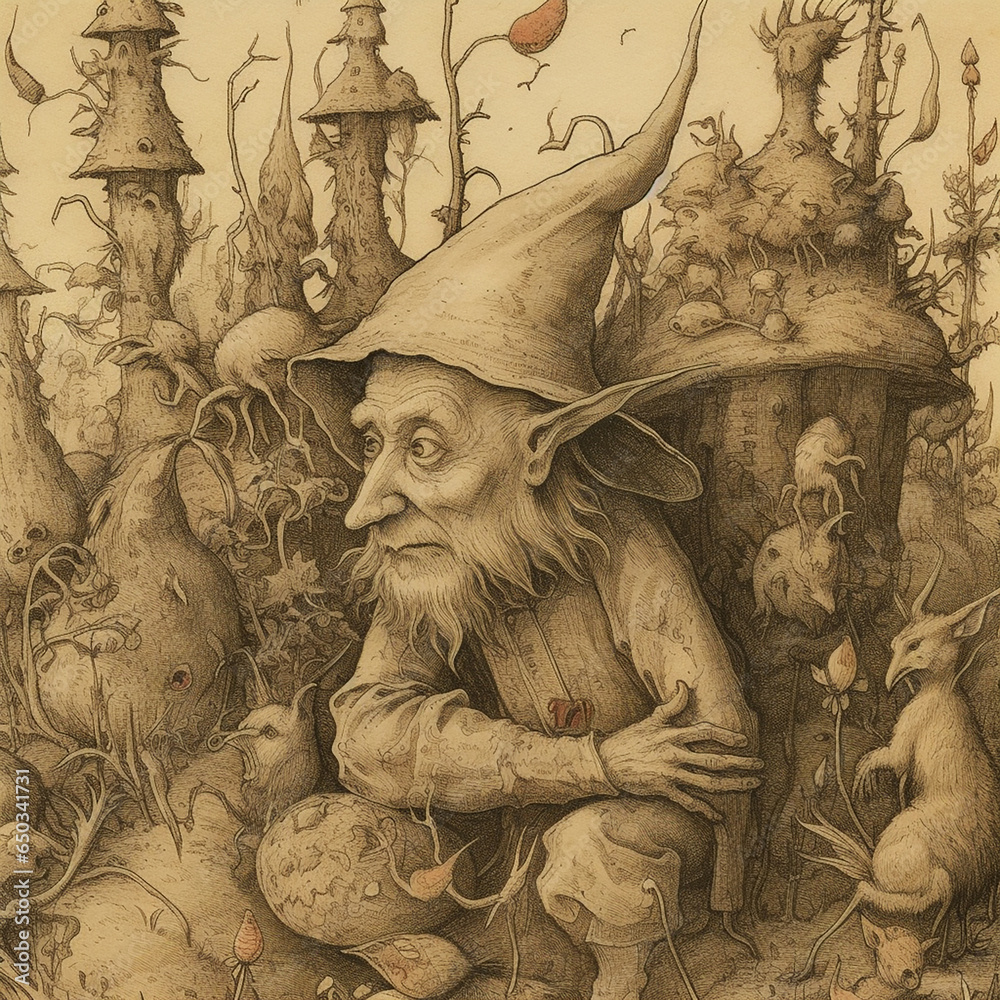 spirit goblin wizard sorcerer of a fairy forest, old man with a big ...
