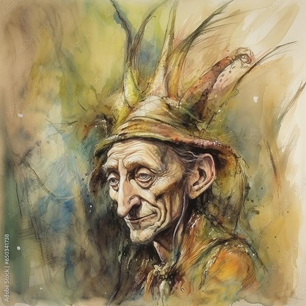Spirit goblin wizard sorcerer of a fairy forest, old man with a big ...