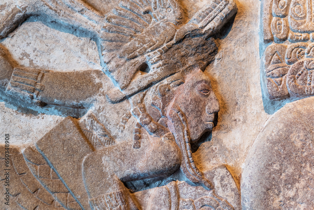Maya bas relief carving in a stele tombstone of a mayan ruler king of ...