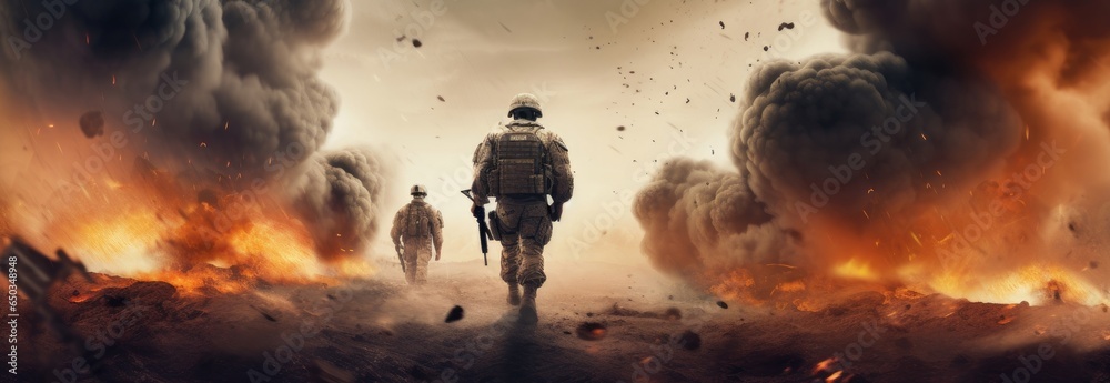 military special forces soldiers crosses destroyed warzone through fire ...