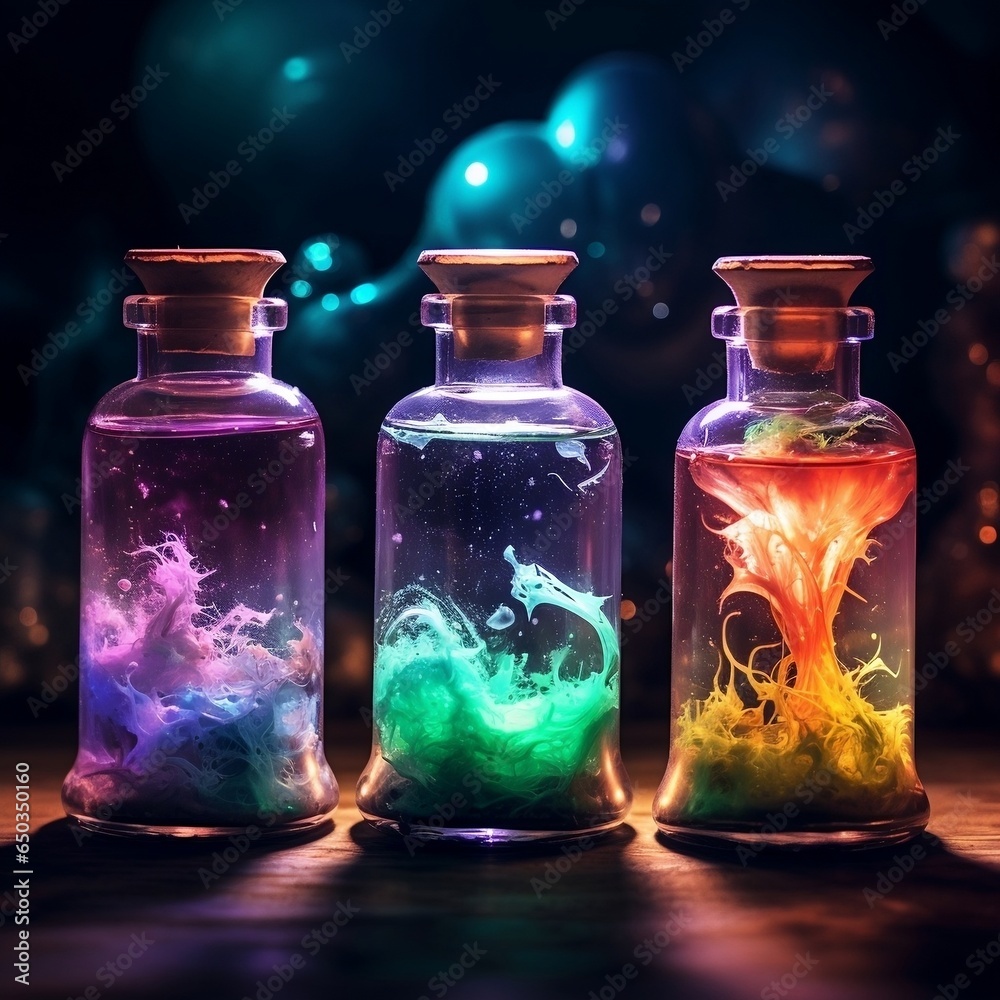 colorful liquid potion ink bottles, in the style of mystical creatures ...