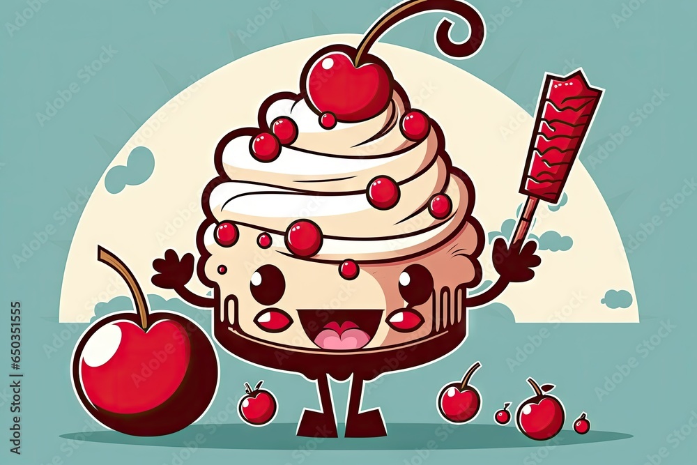 Cute cartoon cherry cake with ice cream and cherries Stock Illustration ...
