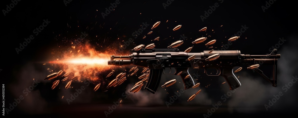 firing assault riffle shooting firepower bullets isolated on black ...
