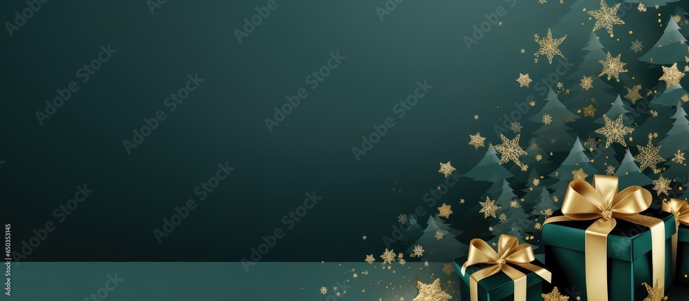 Christmas themed horizontal banner with gold symbols text tree gift ...
