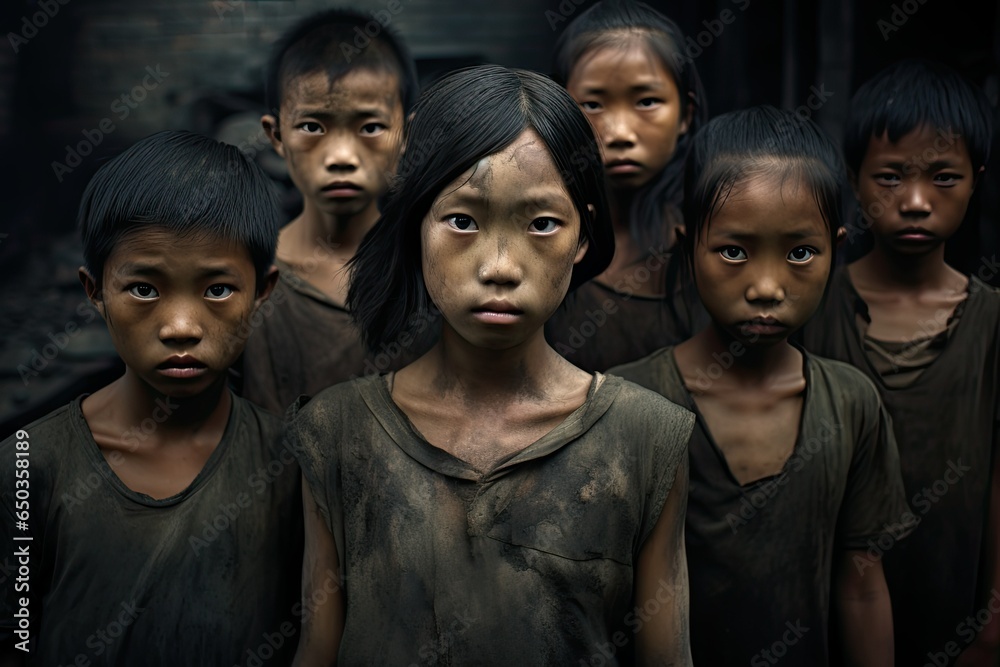 Asian children working in a dirty factory, facing poverty and abuse ...