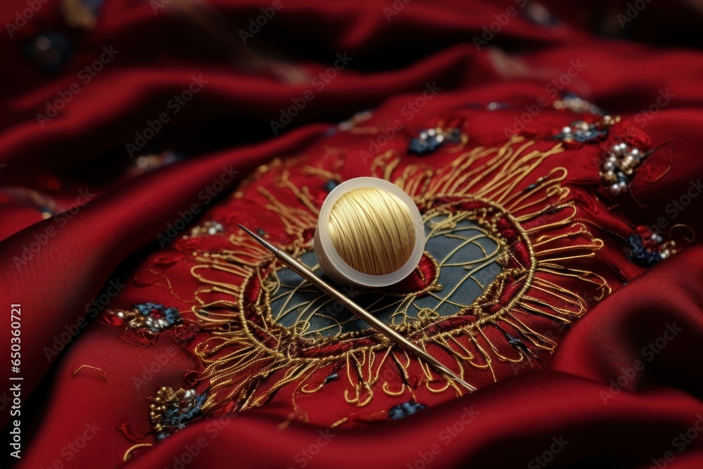 A detailed close-up view of a vibrant red cloth with a shiny gold pin ...