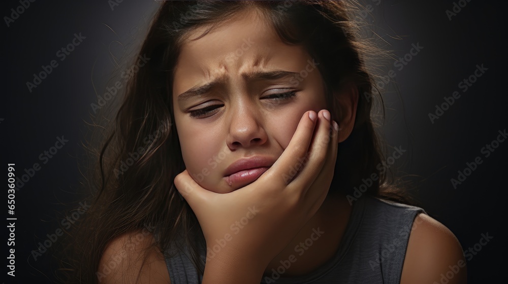 Toothache Troubles, Studio shot of a young Asian girl in pain ...