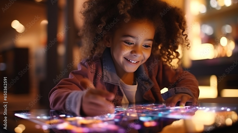 A cute smiling mixed race black girl child with an afro holding a ...