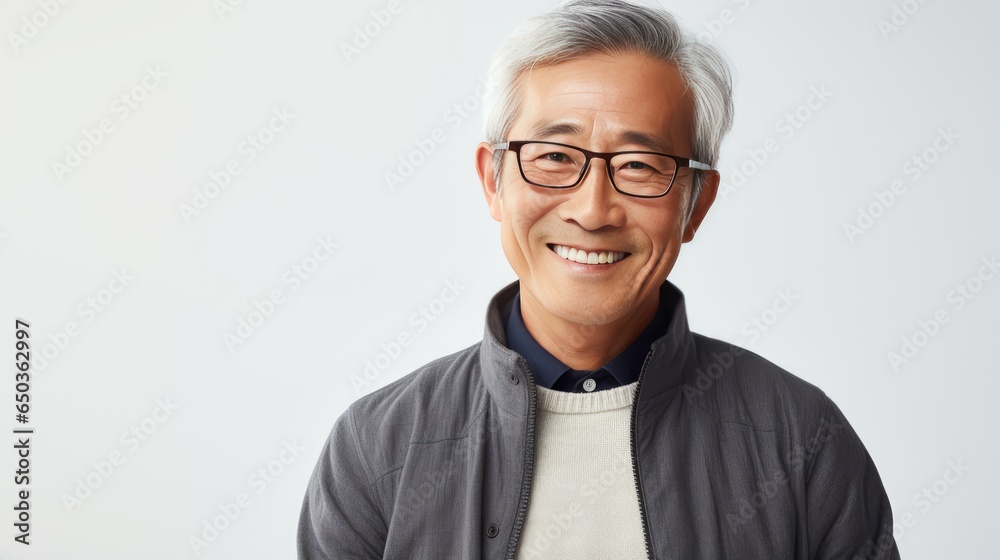 sophisticated charm of an Asian senior male model with short white and ...