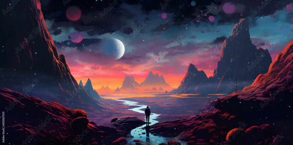 Cosmo Space colorful poster illustration. Hand drawn landscape Stock ...