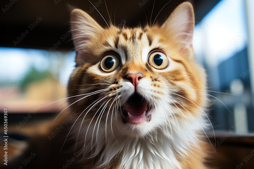 Hilarious shocked cat with wide open mouth, displaying comical yet ...