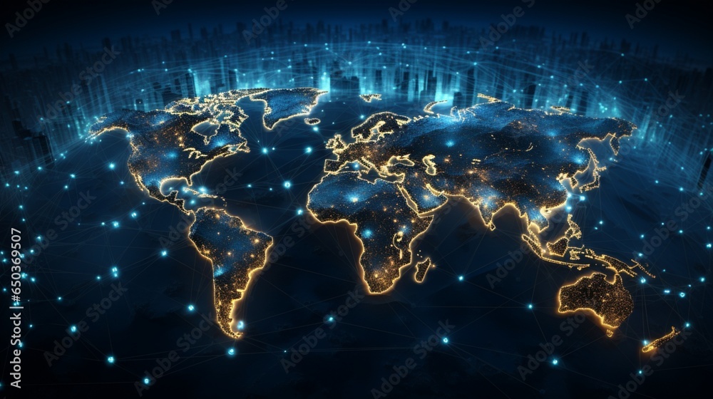 a hyper-realistic scene depicting a digital world map illuminated with ...