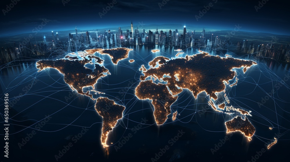 a hyper-realistic scene depicting a digital world map illuminated with ...