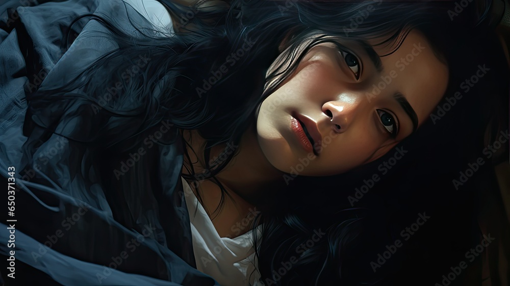 a depressed woman lying on her bed, capturing the raw emotions etched ...