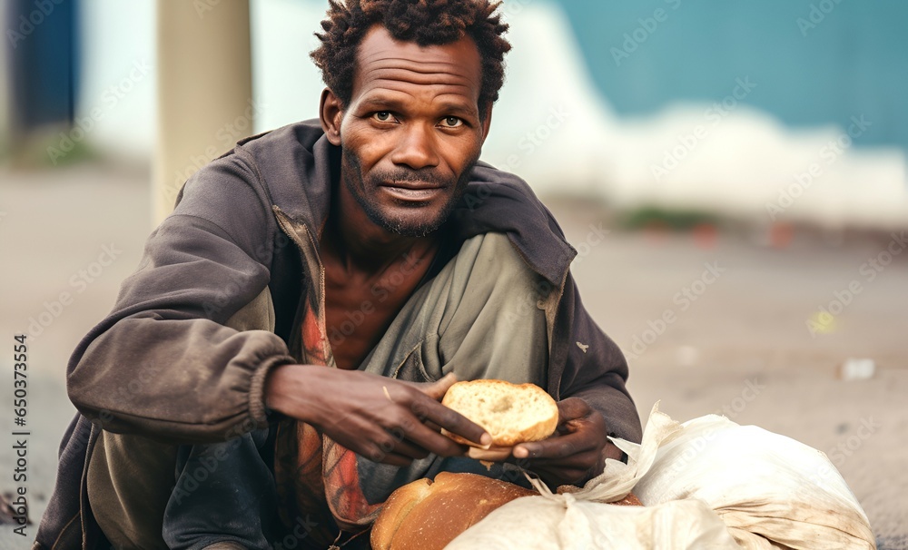 Poor homeless man of African appearance eating leftover food found on ...