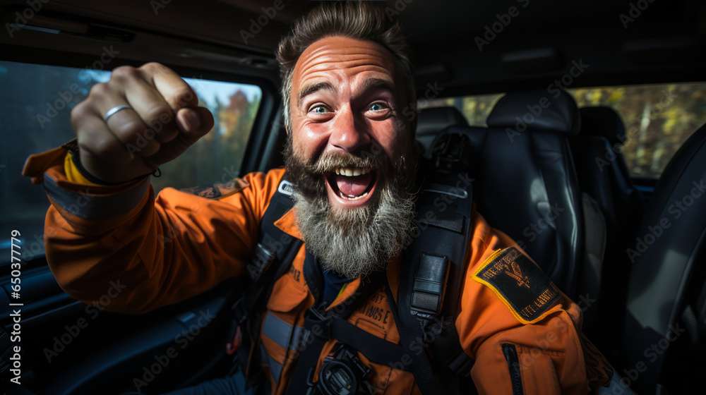 Exhilarated paramedic in triumphant fist pump, expressing success ...