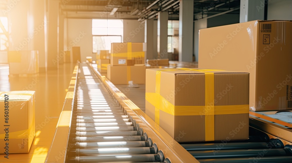 Cardboard boxes move along a conveyor belt in a warehouse. The concept ...