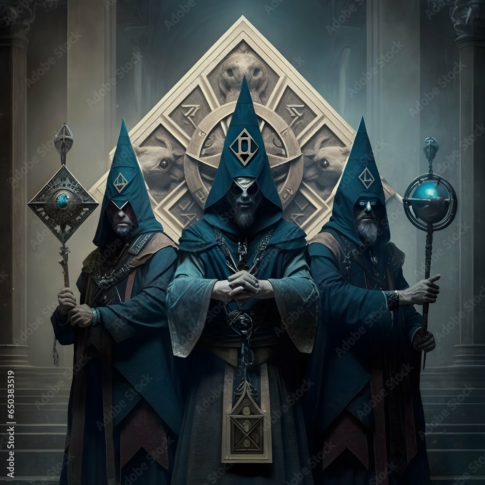 techno priests of the illuminati in ritual formation long staffs ...