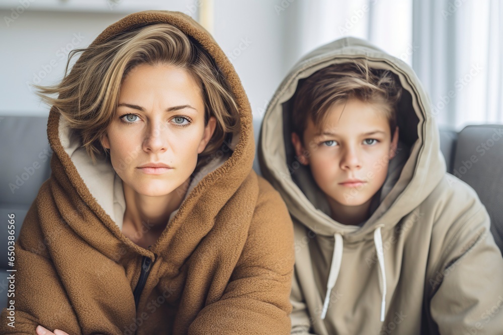 Mother and teenage son stare at the camera, serious, on their sofa at ...