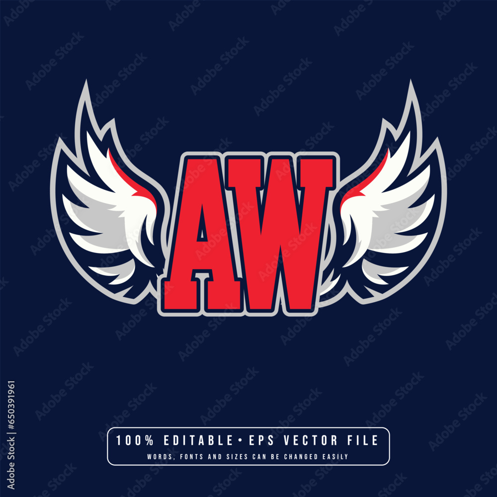 AW wings logo vector with editable text effect. Editable letter AW ...